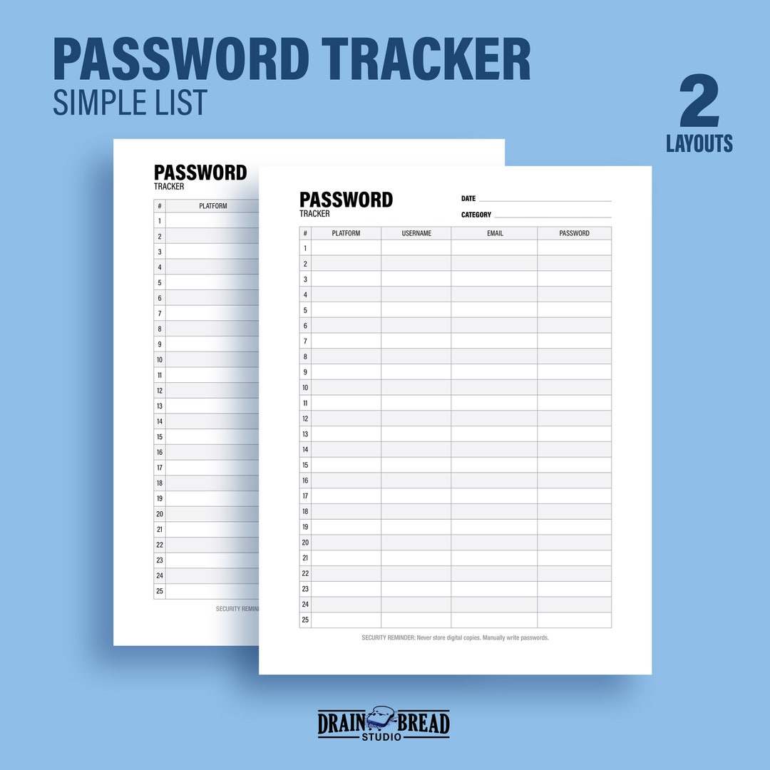 Passwords Tracker Accounts Tracker Row Layout | Printable & Fillable ...
