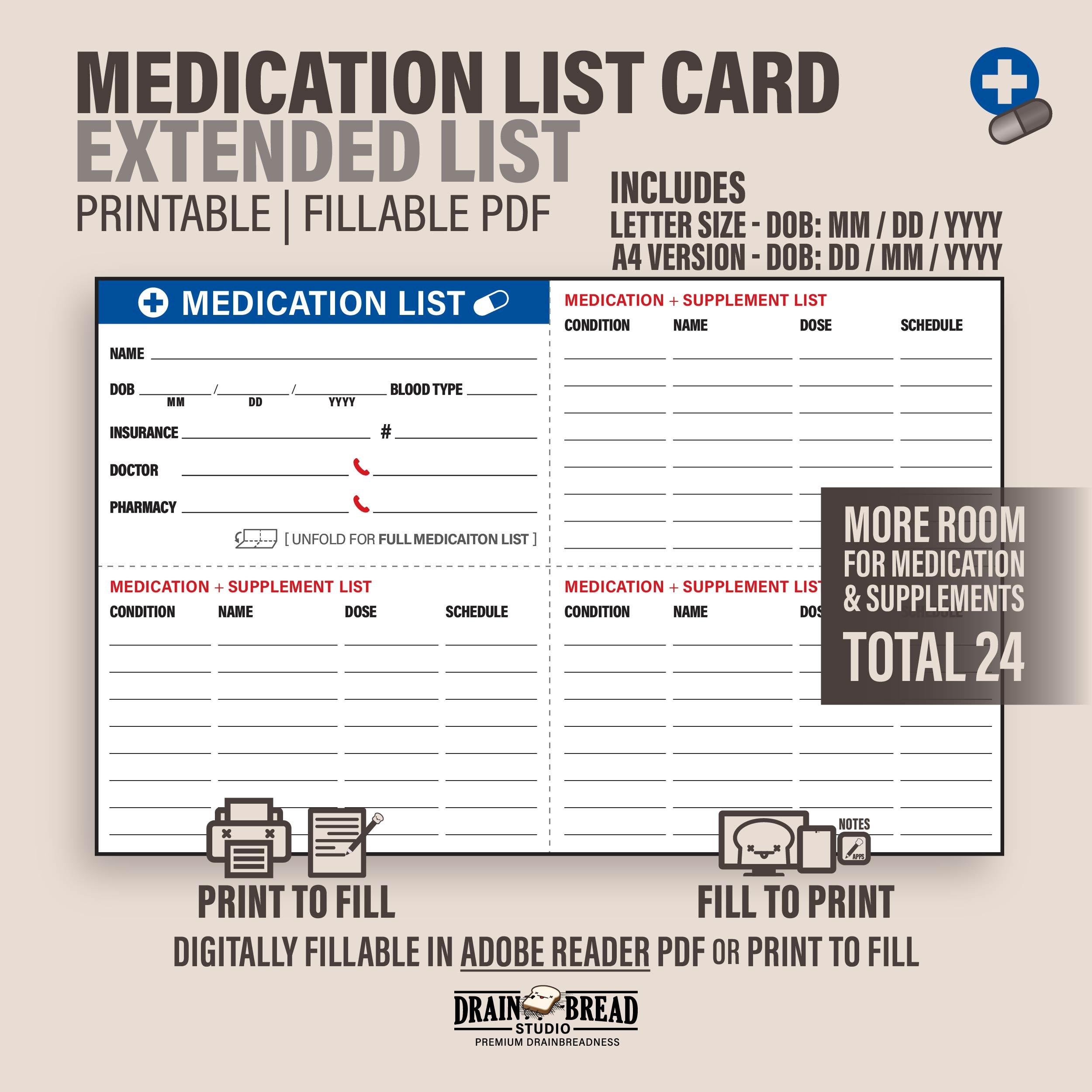 Extended Medication List Wallet Card | 4-panel Medication & Supplement ...