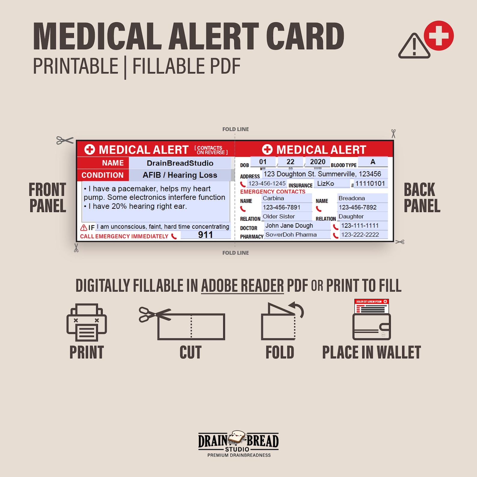 Medical Alert ID Wallet Card - Customisable Emergency Instructions ...