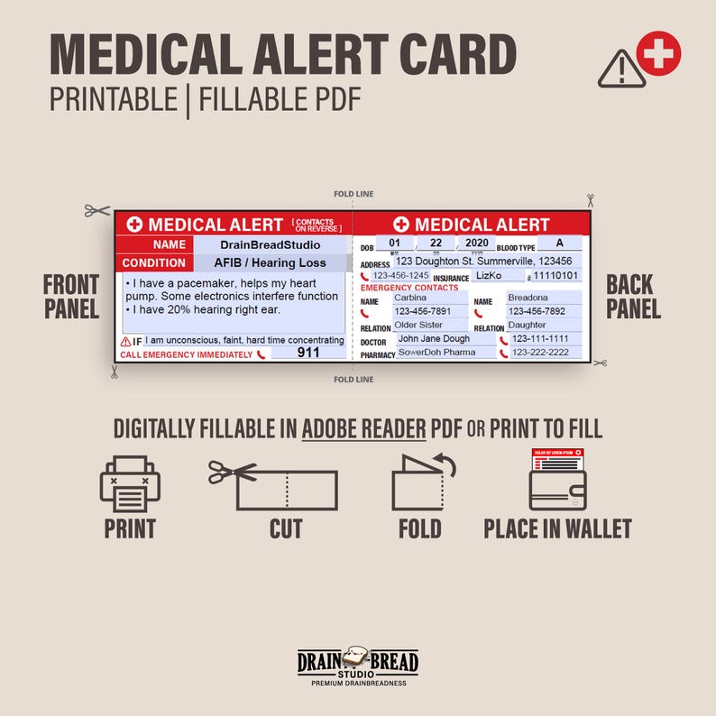 Medical Alert ID Wallet Card - Customisable Emergency Instructions ...
