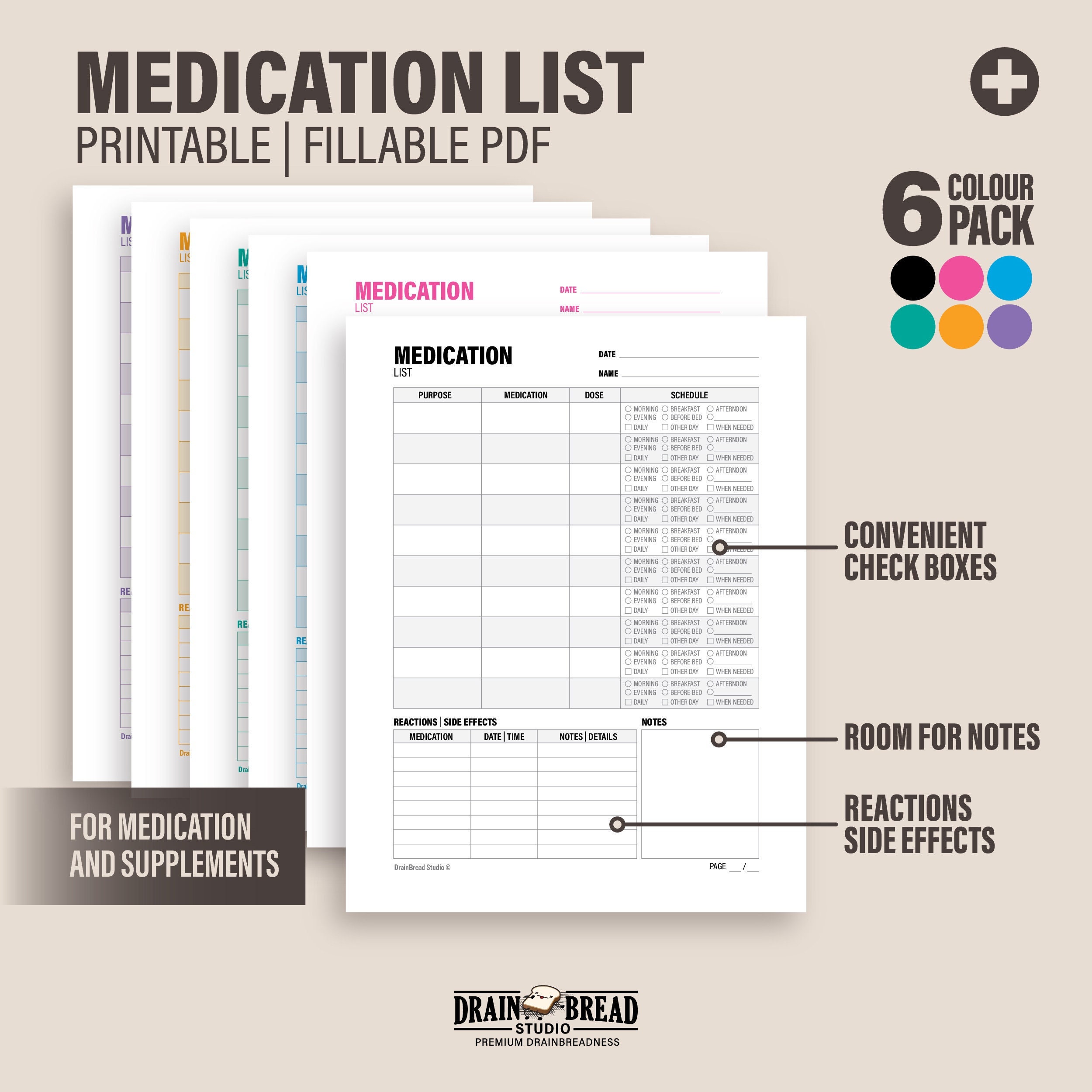 Medication Tracking List 6 Colour Pack With Reaction Side Effect ...