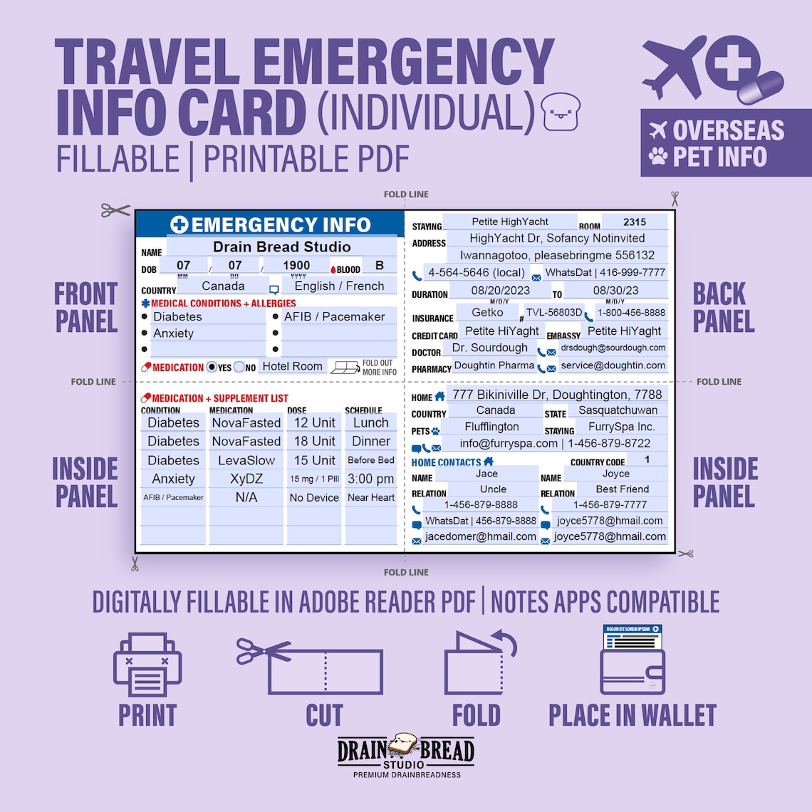 Travel Emergency Card (personal) With Emergency Contacts Med Conditions ...