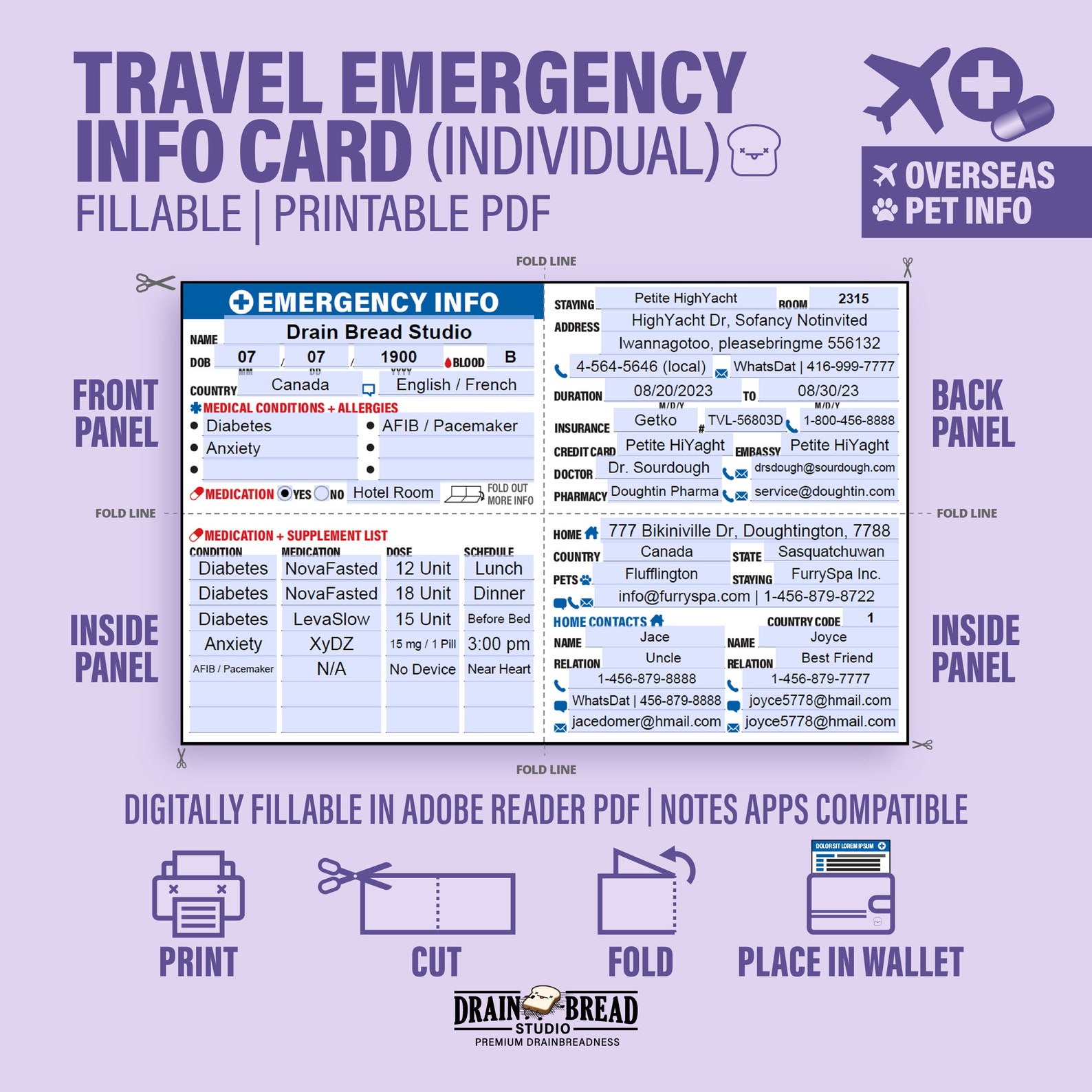 Travel Emergency Card (personal) With Emergency Contacts Med Conditions ...