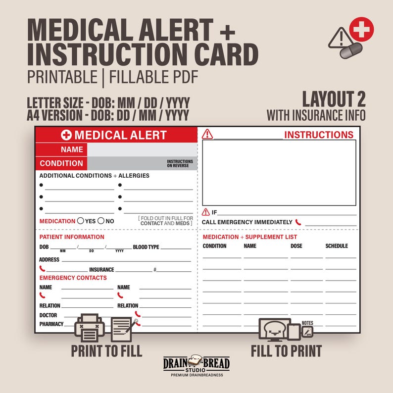 Medical Alert ID Wallet Card - Custom Emergency Instructions, Medical ...