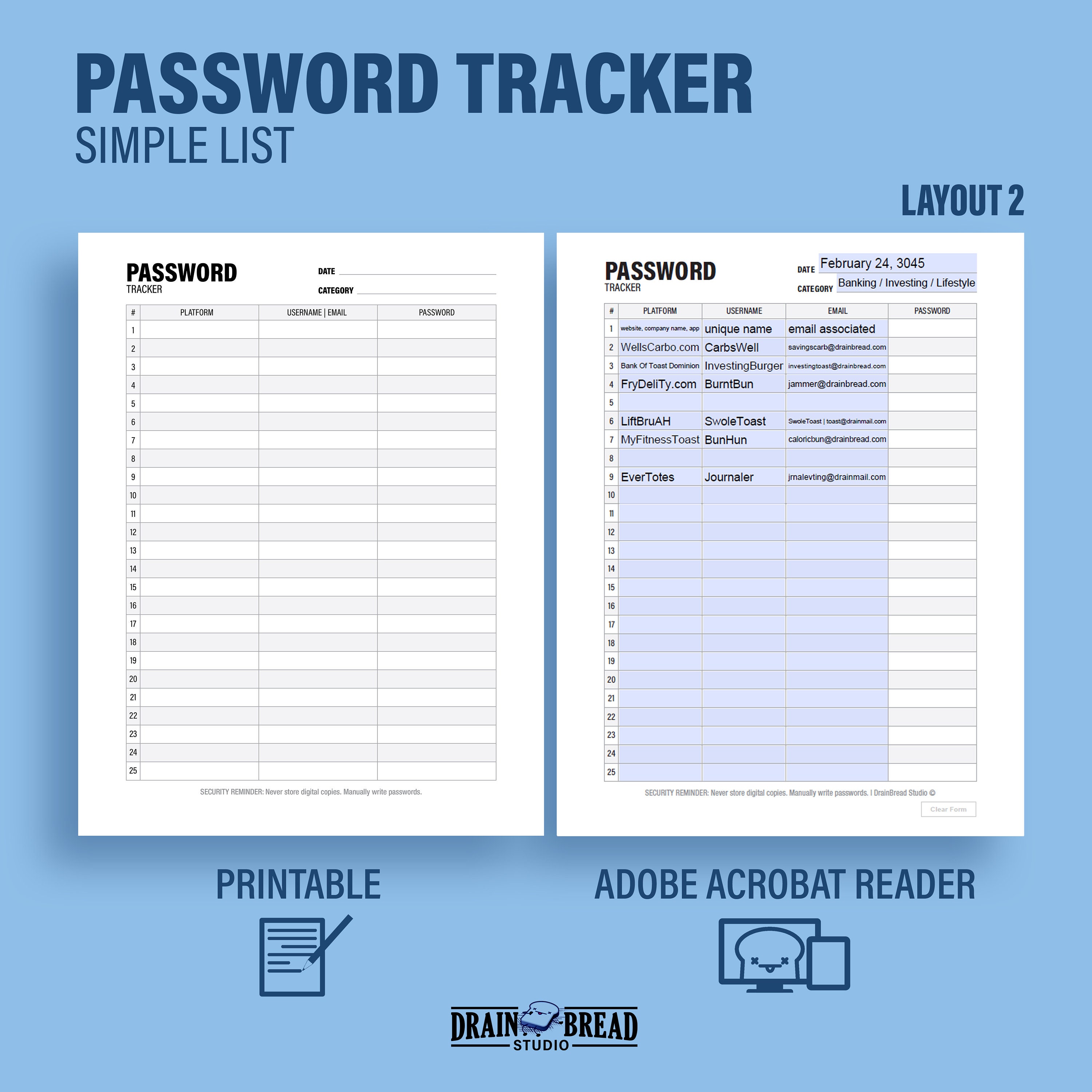 Passwords Tracker Accounts Tracker Row Layout | Printable & Fillable ...