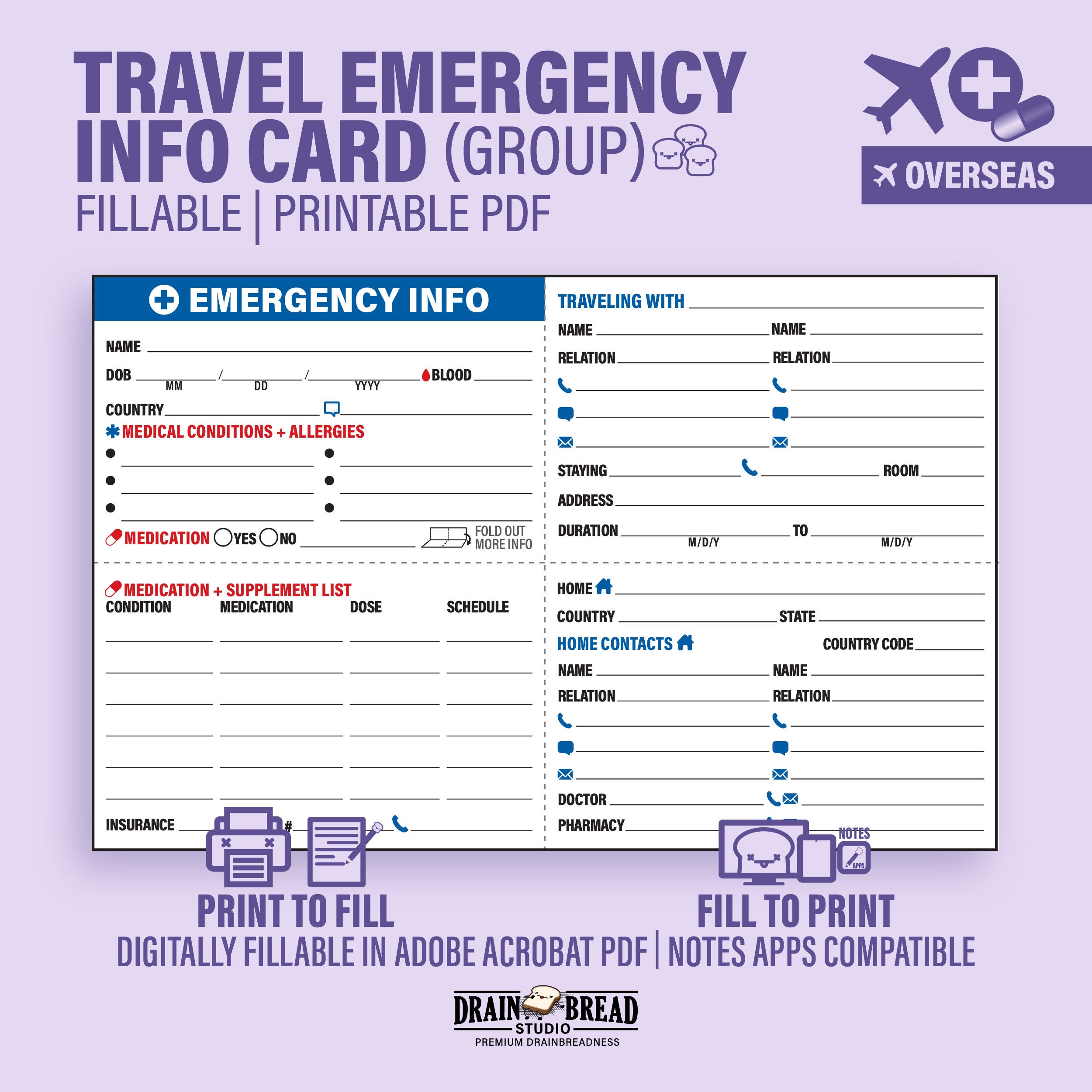 Travel Emergency Card (group) With Emergency Contacts Medical ...