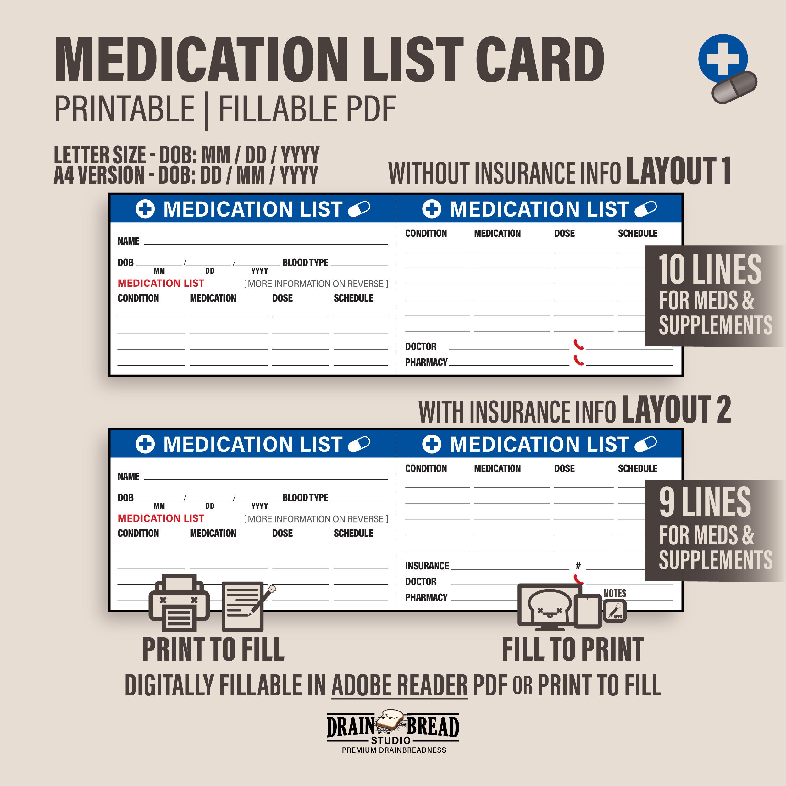 Medication List Card With Medication List Wallet Card Fill and Print ...