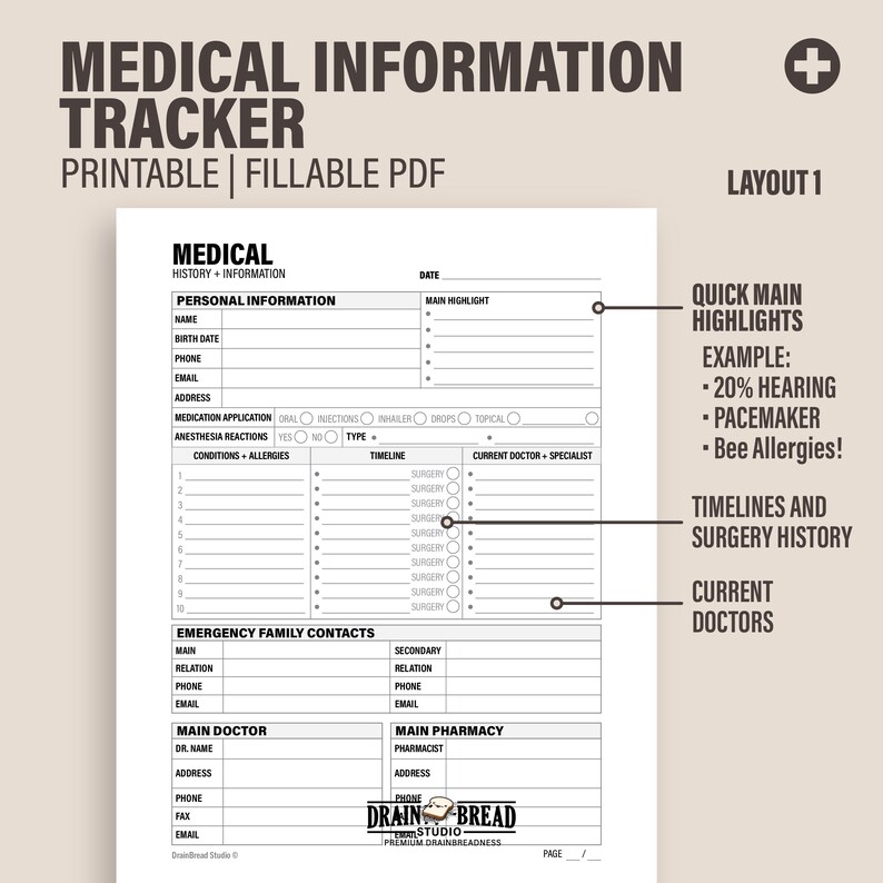 Medical Information Tracker With Emergency Contacts Doctor Contact ...