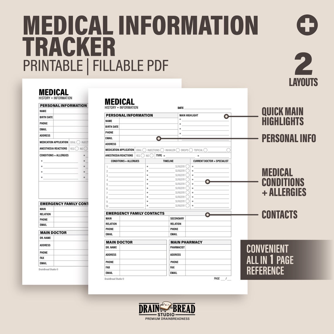 Medical Information Tracker With Emergency Contacts Doctor Contact ...
