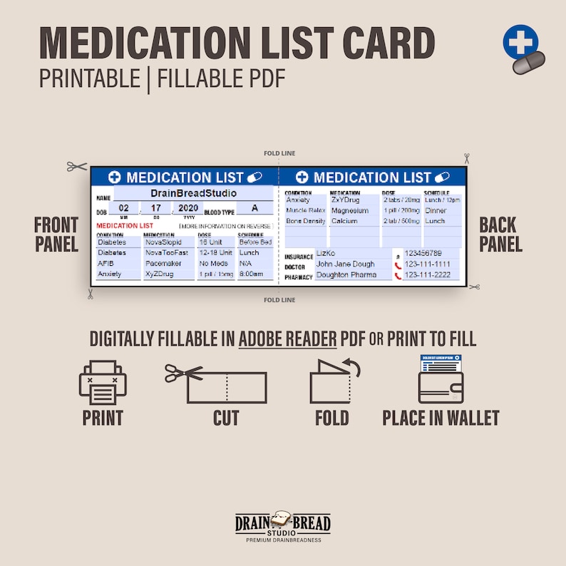 Medication List Card With Medication List Wallet Card Fill and Print ...