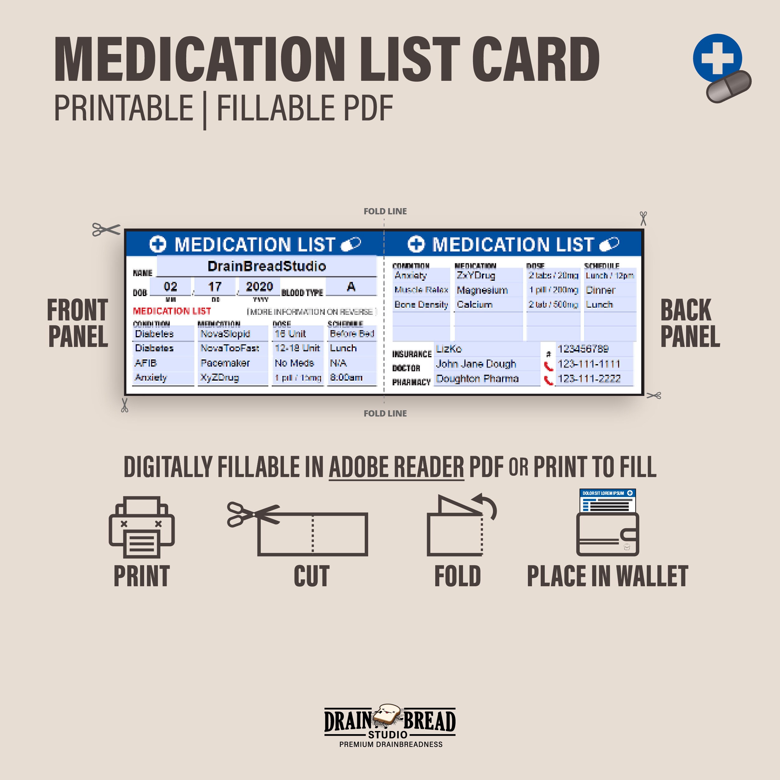Medication List Wallet Card | Medication Schedule, Dose & Medical Info ...