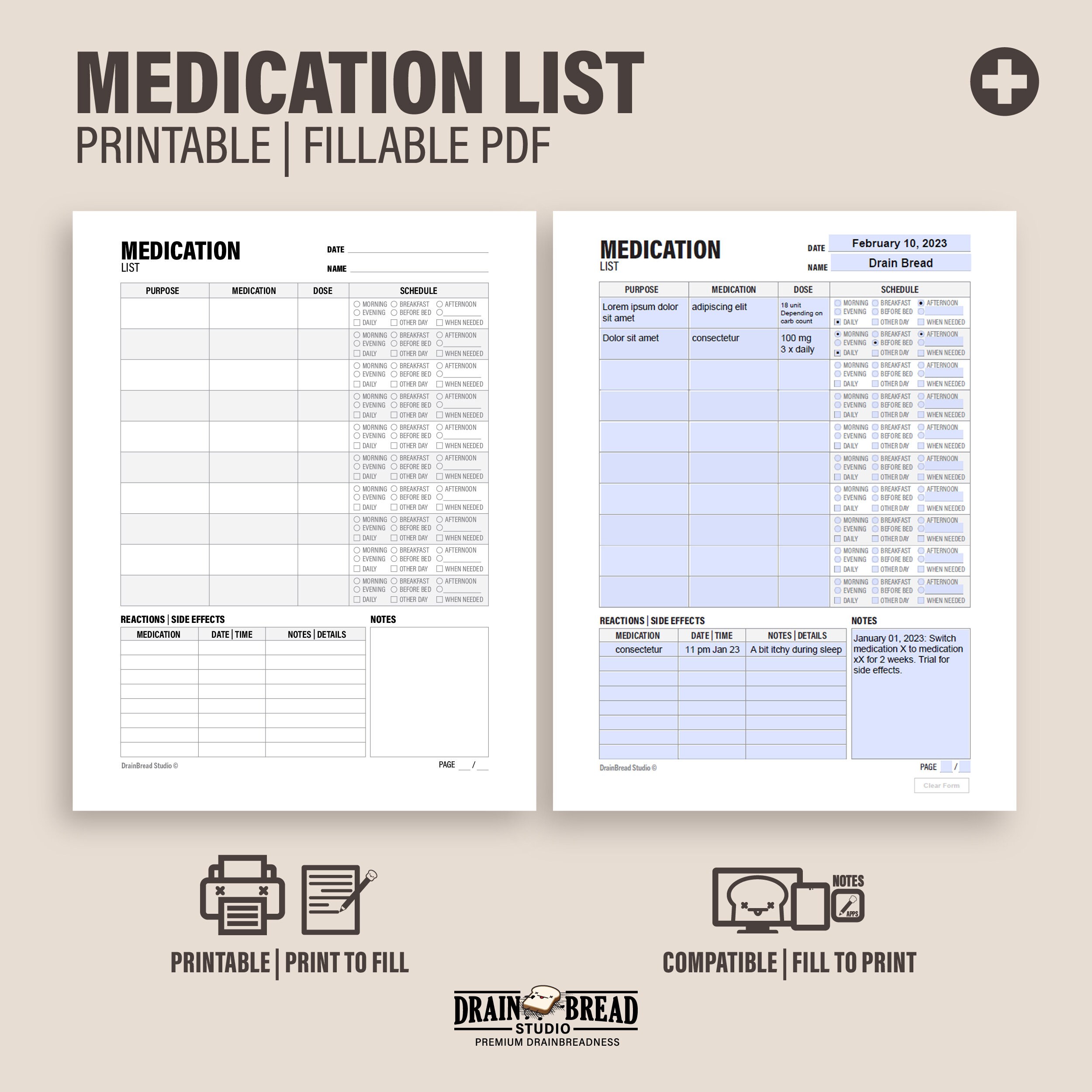 Medication Tracking List 6 Colour Pack With Reaction Side Effect ...