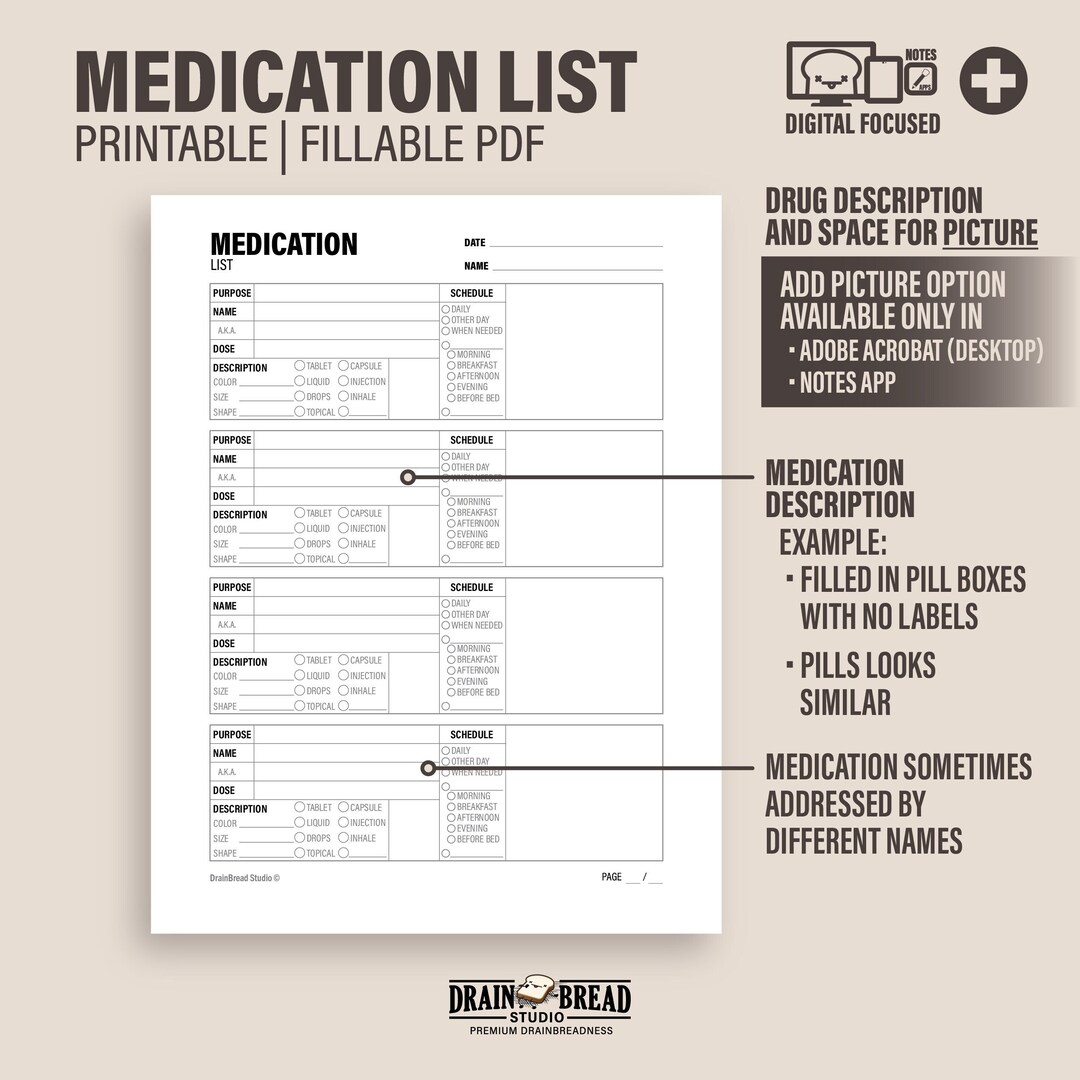 Medication Tracking List With Detailed Description Med Info Schedule ...