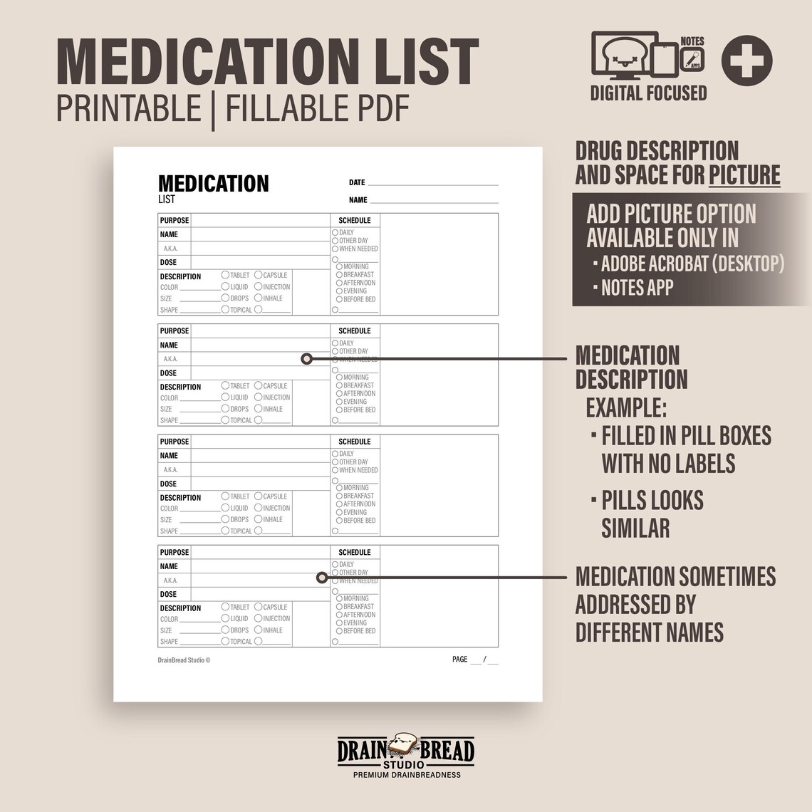 Medication Tracking List With Detailed Description Med Info Schedule ...