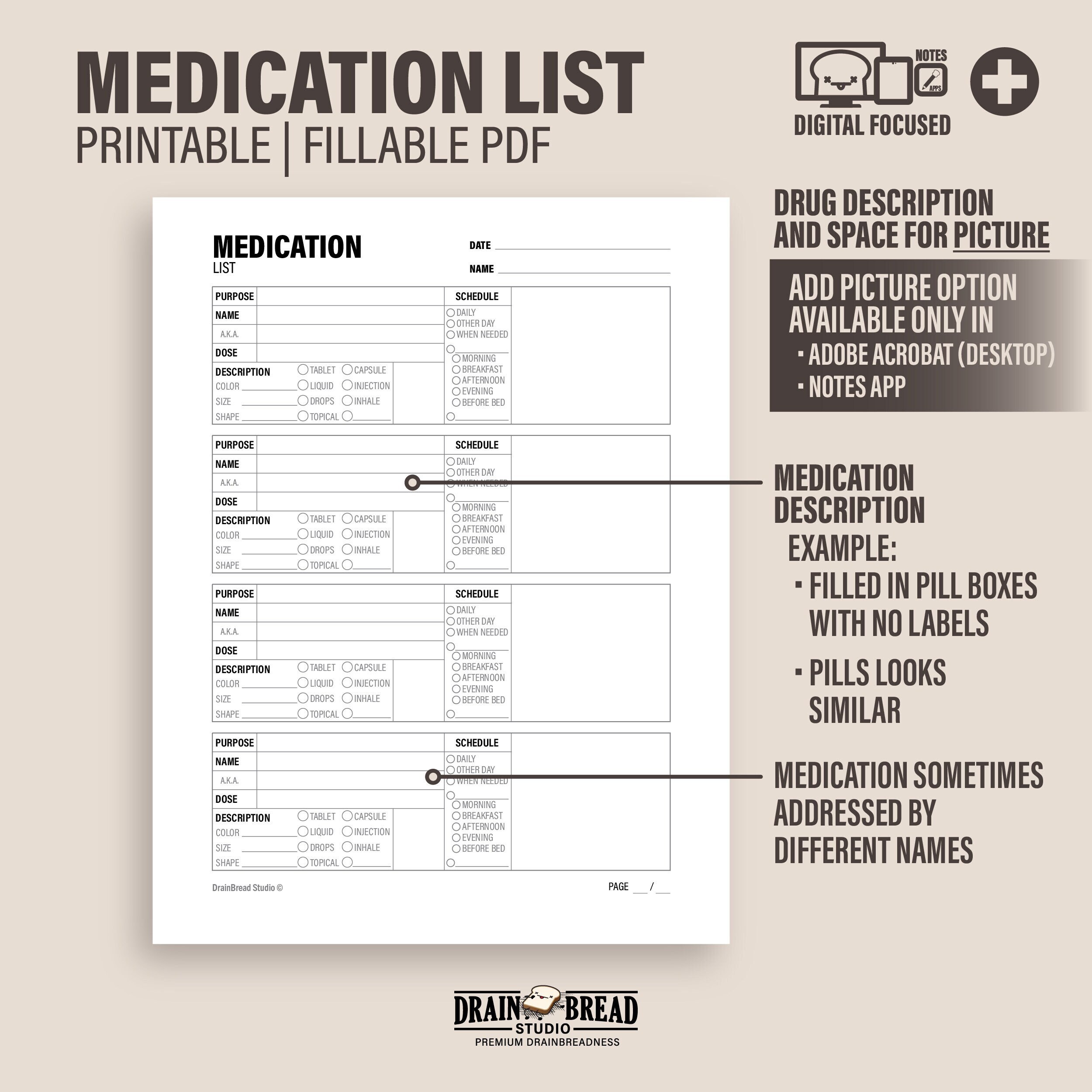 Medication Tracking List With Detailed Description Med Info Schedule ...