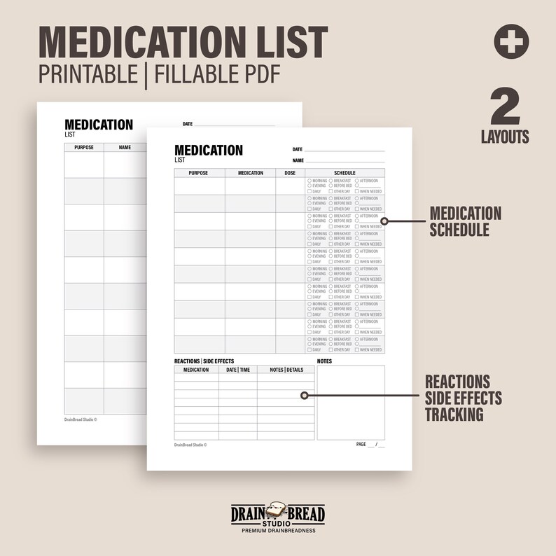 Medication Tracking List Pack With Schedule Notes Reactions or Side ...