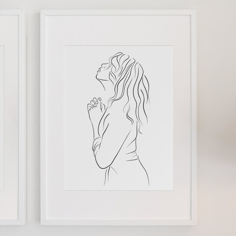 Female Praying Minimalist Art, Woman Worship Line Art, Minimalist Wall ...