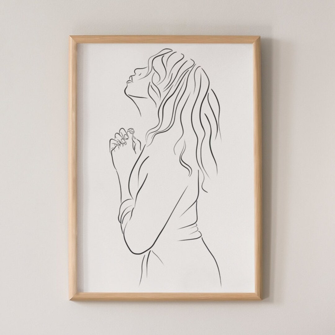 Female Praying Minimalist Art, Woman Worship Line Art, Minimalist Wall ...