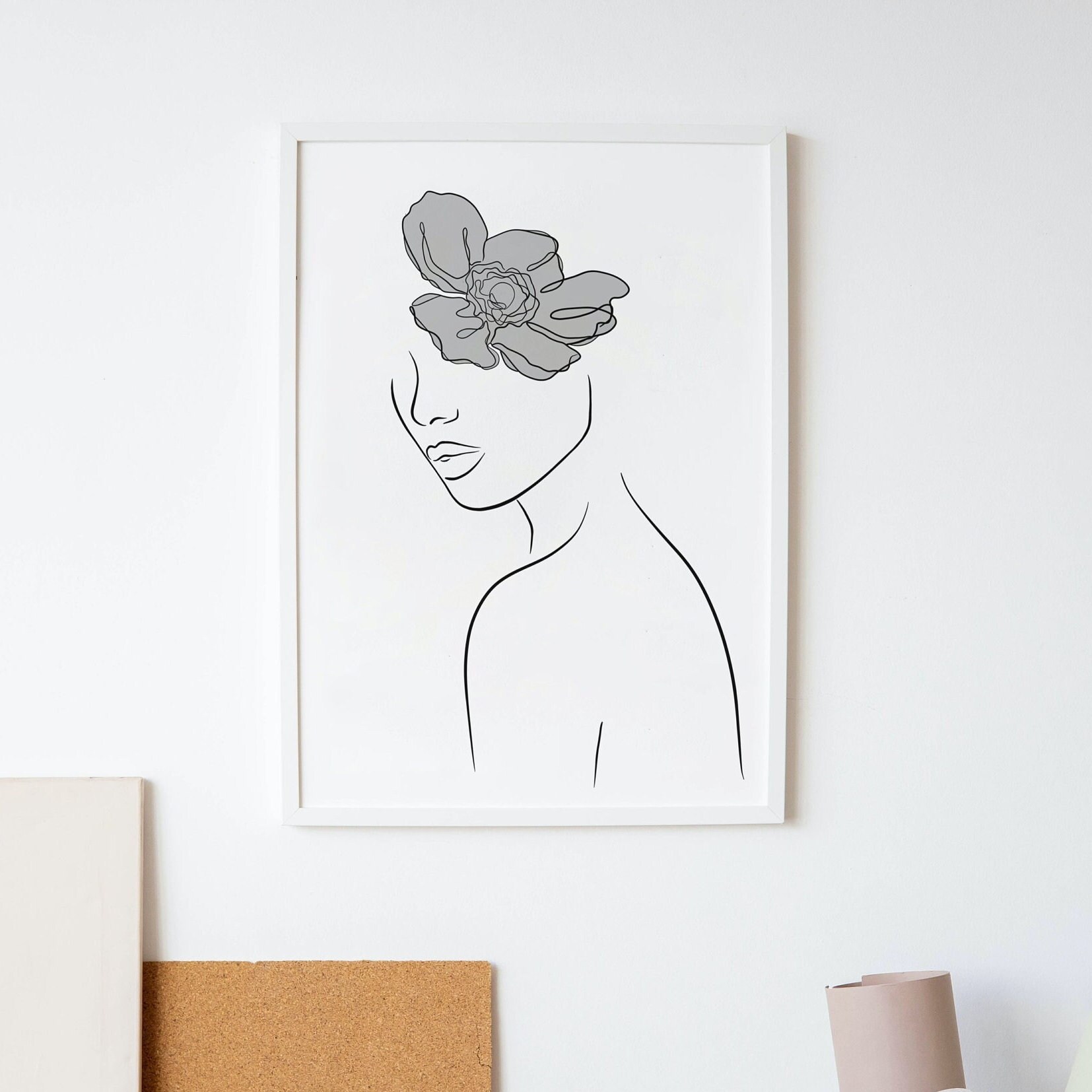 Female Minimalist Art, Grey Line Art, Flower Line Art, Minimalist Wall ...