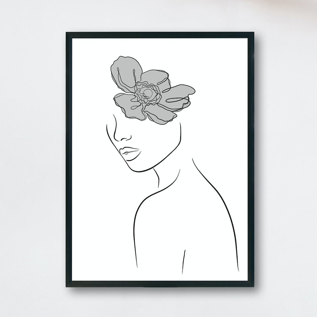 Female Minimalist Art, Grey Line Art, Flower Line Art, Minimalist Wall ...