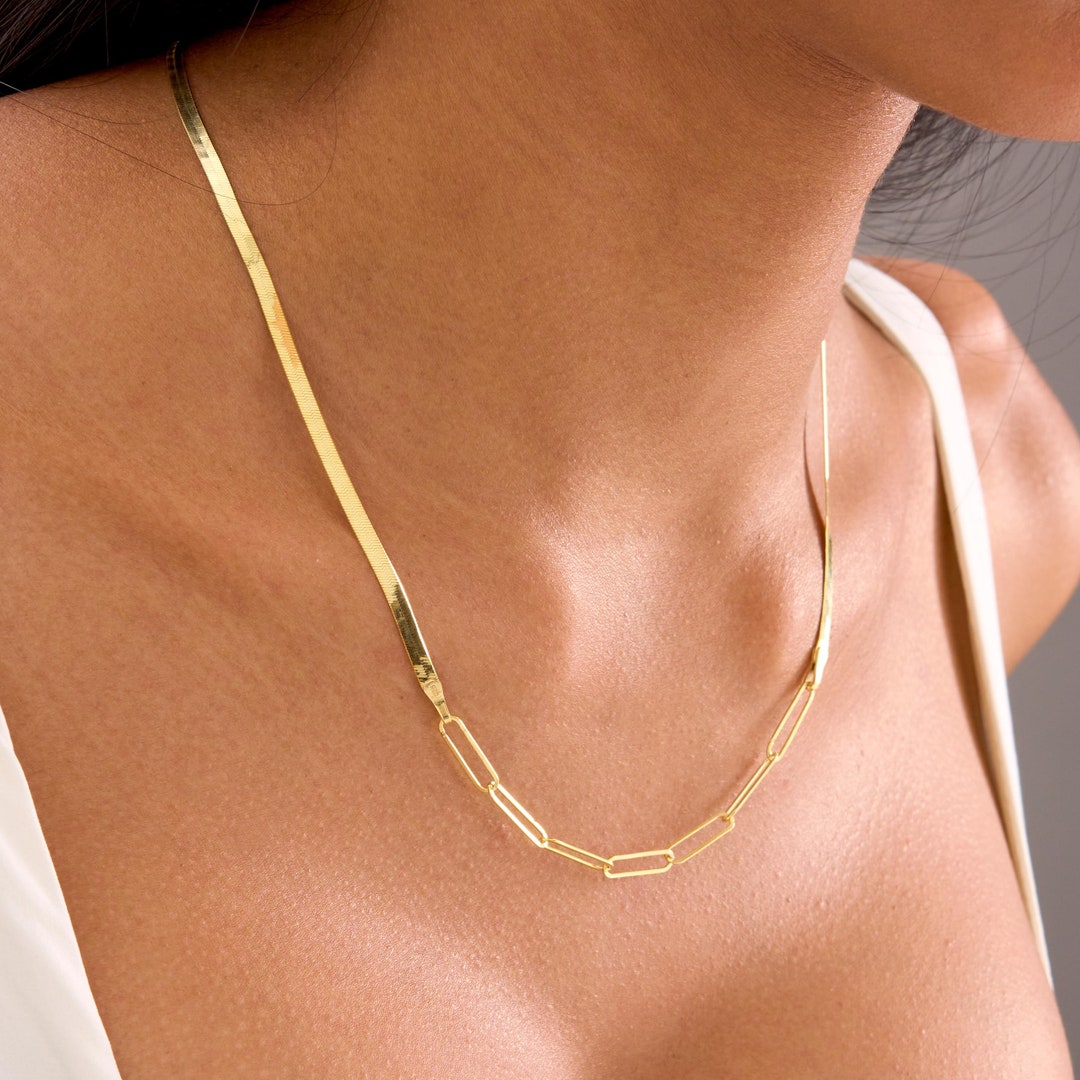 925 Silver Layered Snake Chain Necklace Set With Paperclip Chain ...