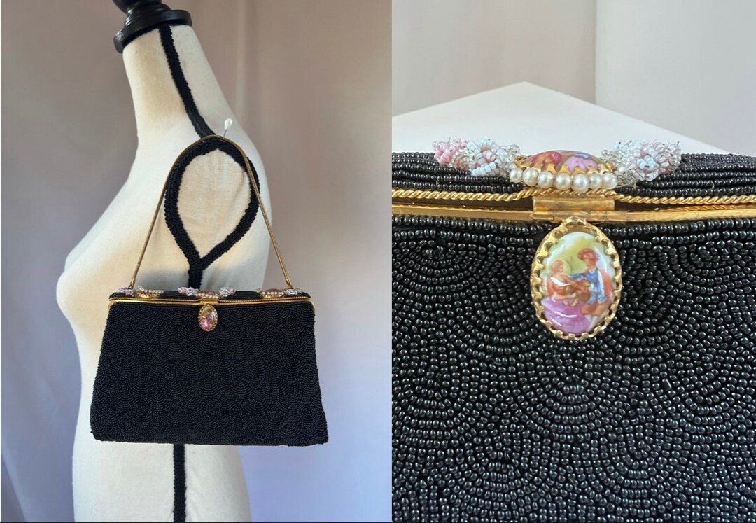 1950s Black Beaded Purse W Cameo Beaded Frame Handmade in Belgium for ...