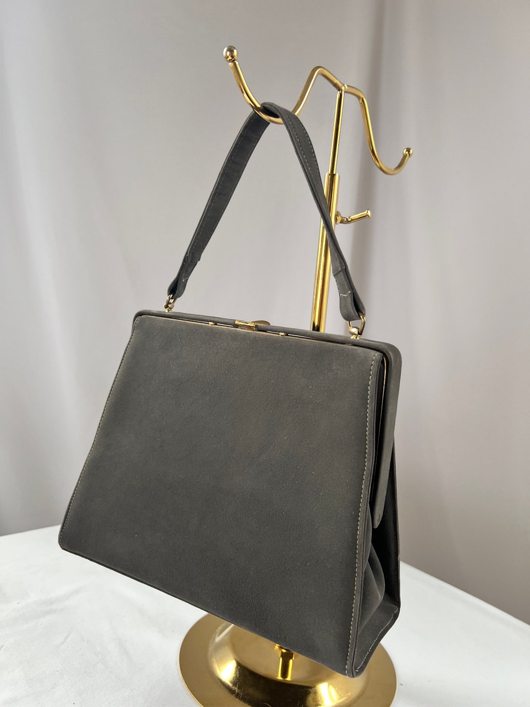 1950s-60s Susan Gail Gray Calf Suede Structured Top Handle Purse With ...