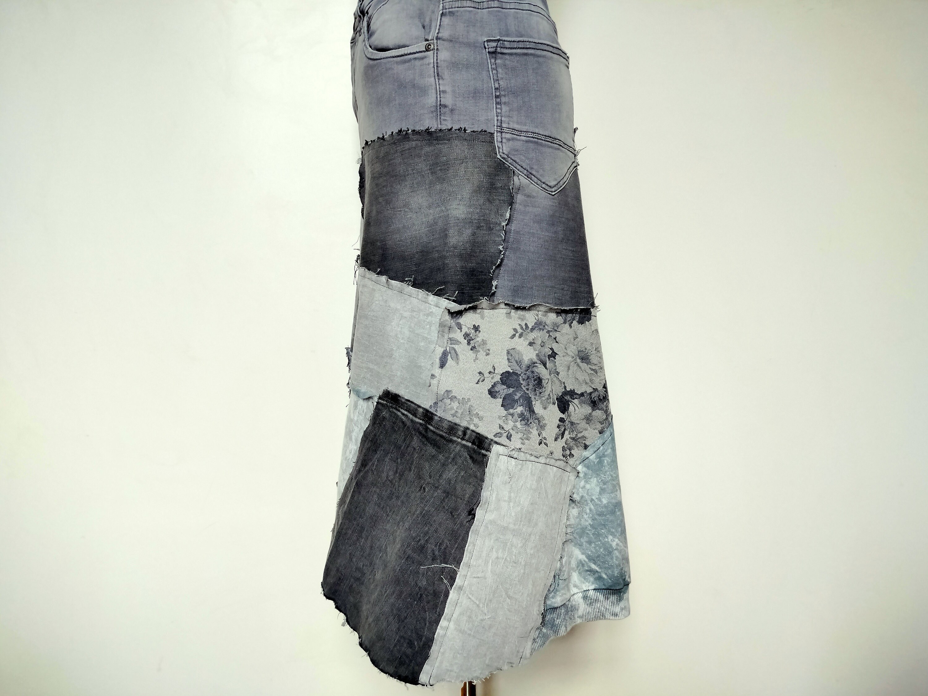 Patchwork Denim Skirt Upcycled Denim Skirt Gray Denim Skirt - Etsy