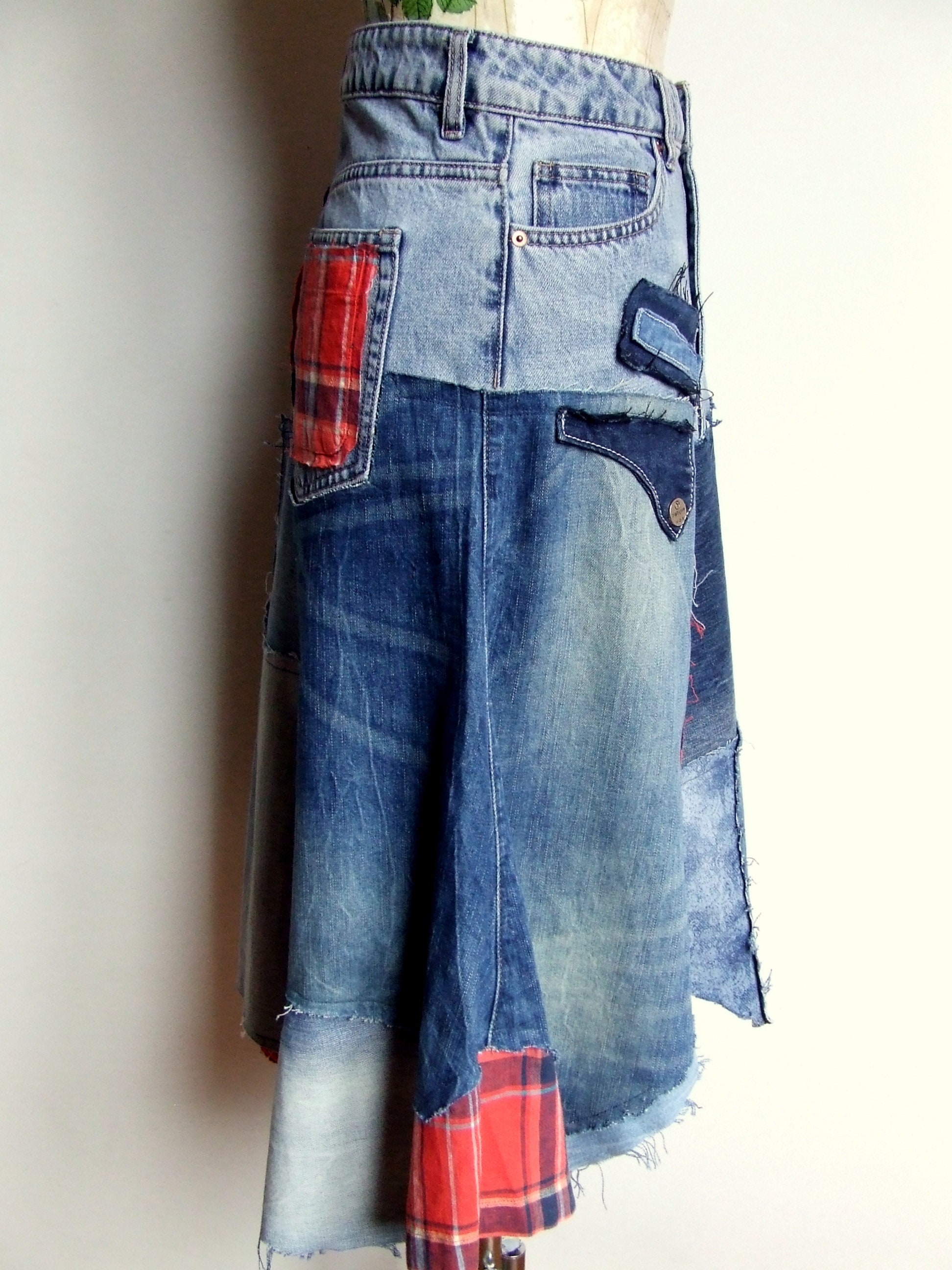 Patchwork Skirt Upcycled Denim Skirt Asymmetrical Skirt - Etsy