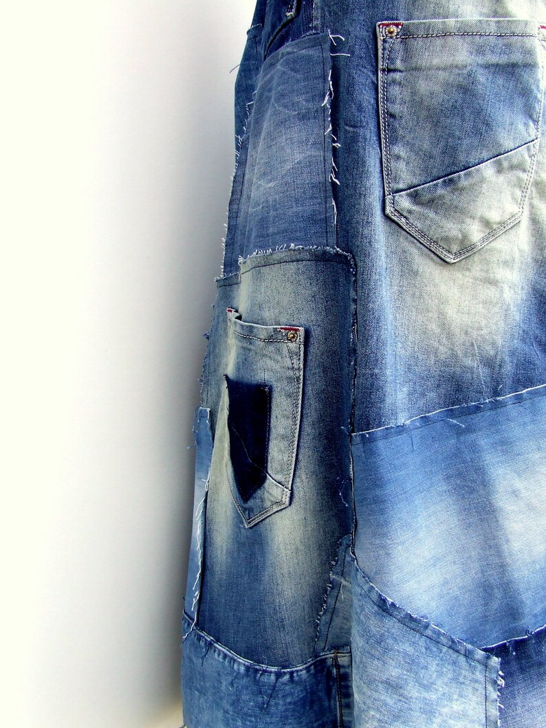 Long Patchwork Skirt, Upcycled Denim Skirt, Asymmetrical Skirt, Size US ...