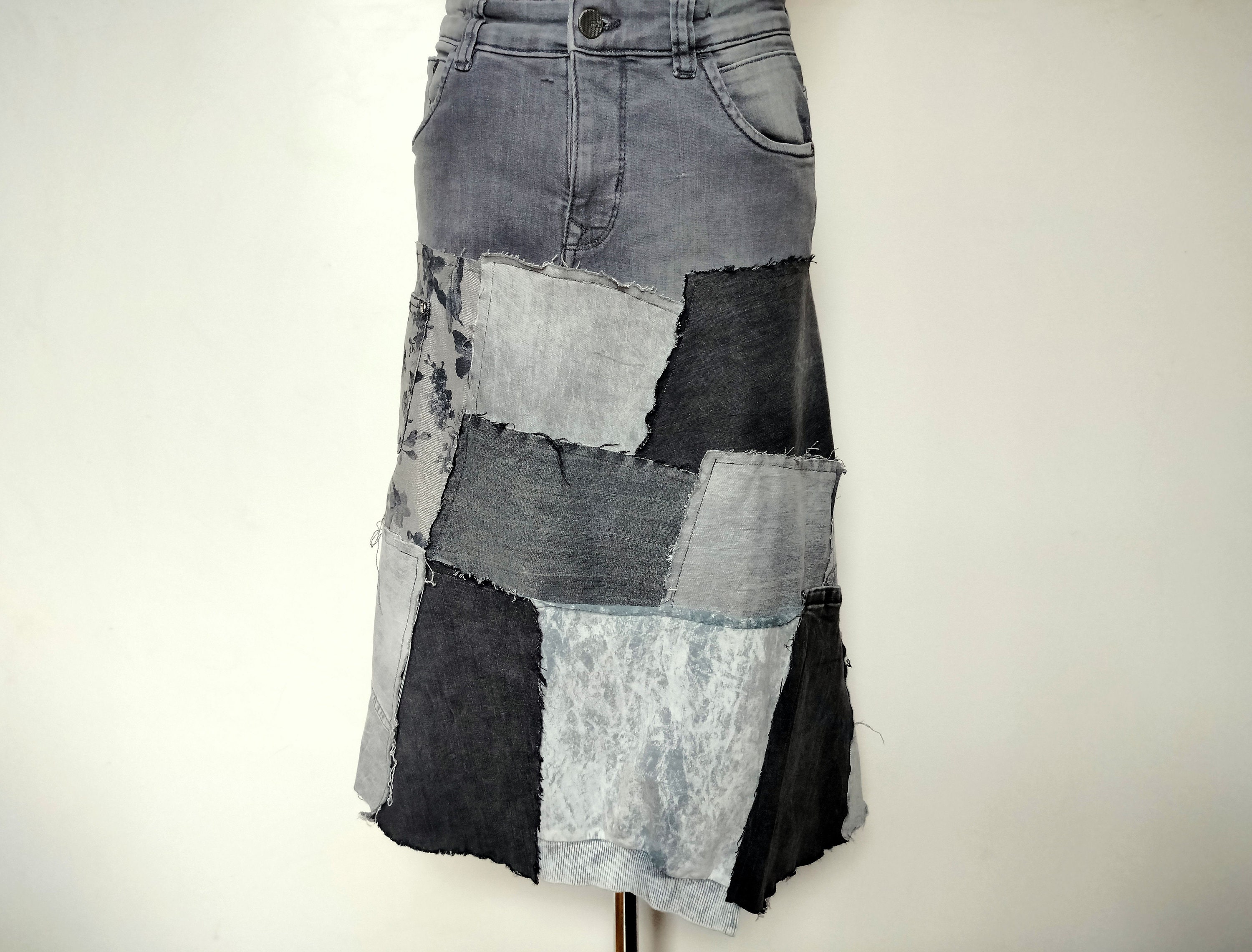 Patchwork Denim Skirt Upcycled Denim Skirt Gray Denim Skirt - Etsy