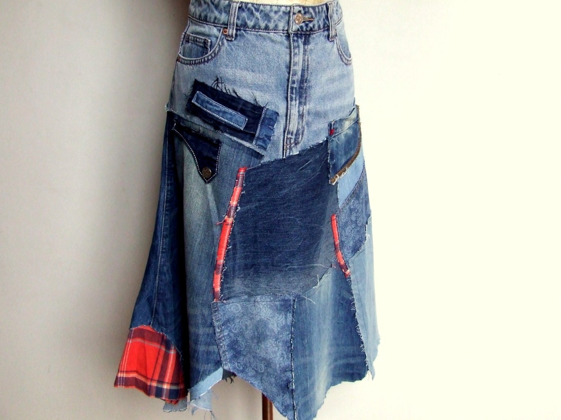 Patchwork Skirt Upcycled Denim Skirt Asymmetrical Skirt - Etsy