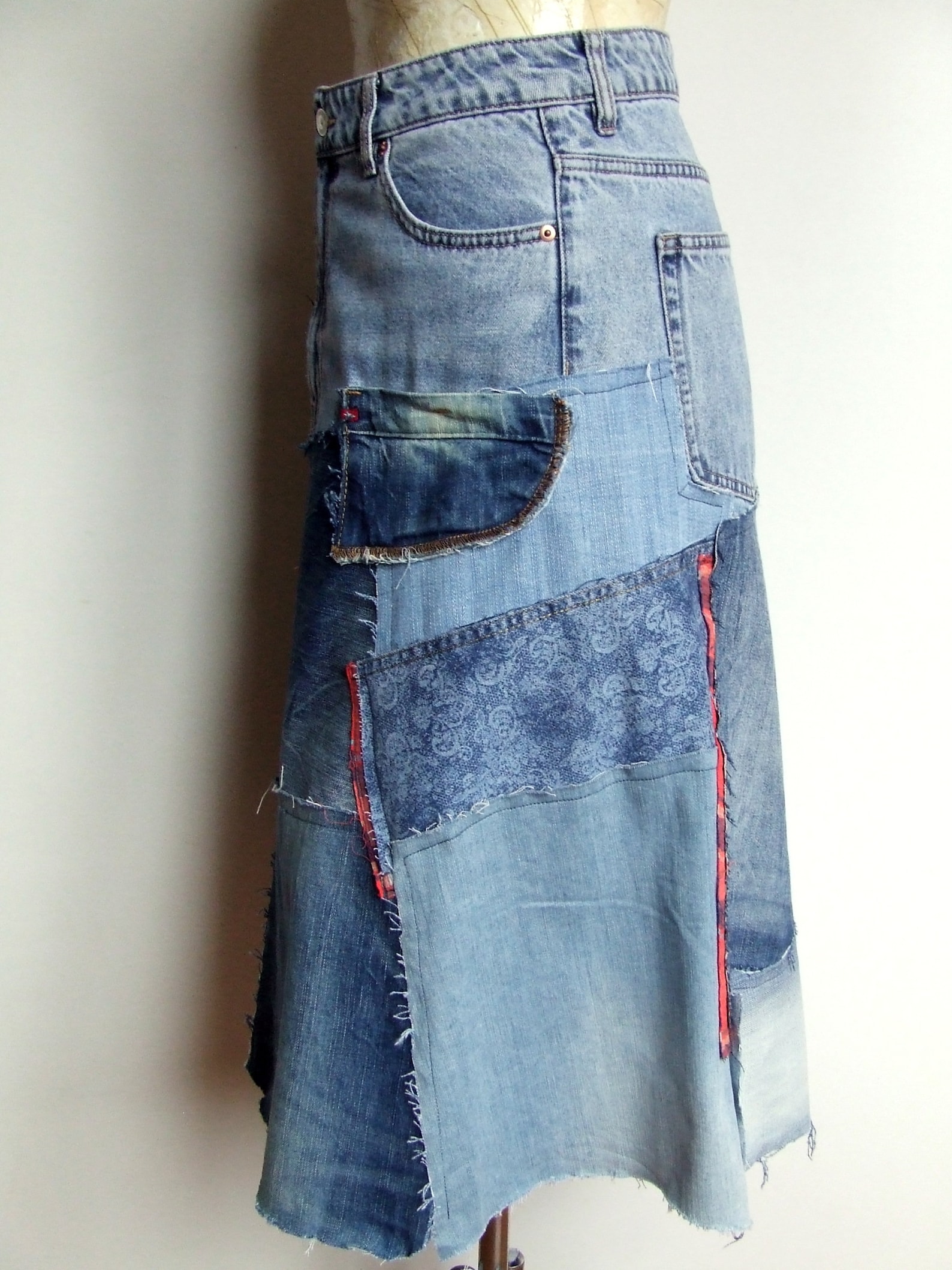 Patchwork Skirt Upcycled Denim Skirt Asymmetrical Skirt - Etsy