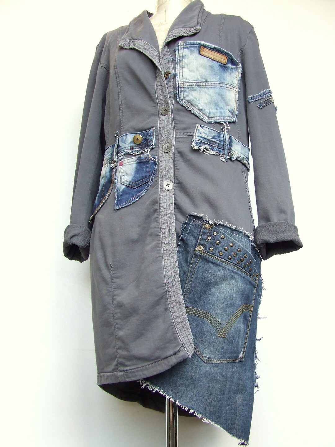 Upcycled Jacket/coat With Frayed Denim Pockets Size US 8 - Etsy