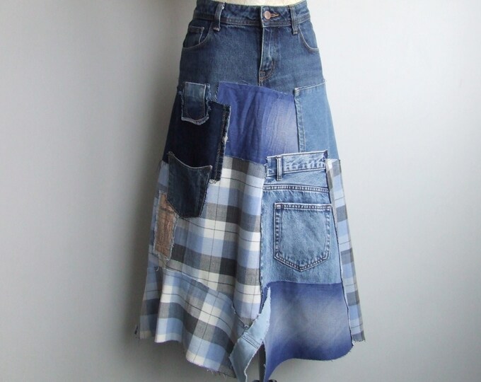 Long Patchwork Skirt Made of Denim and Plaid, Reconstructed Denim, Size ...