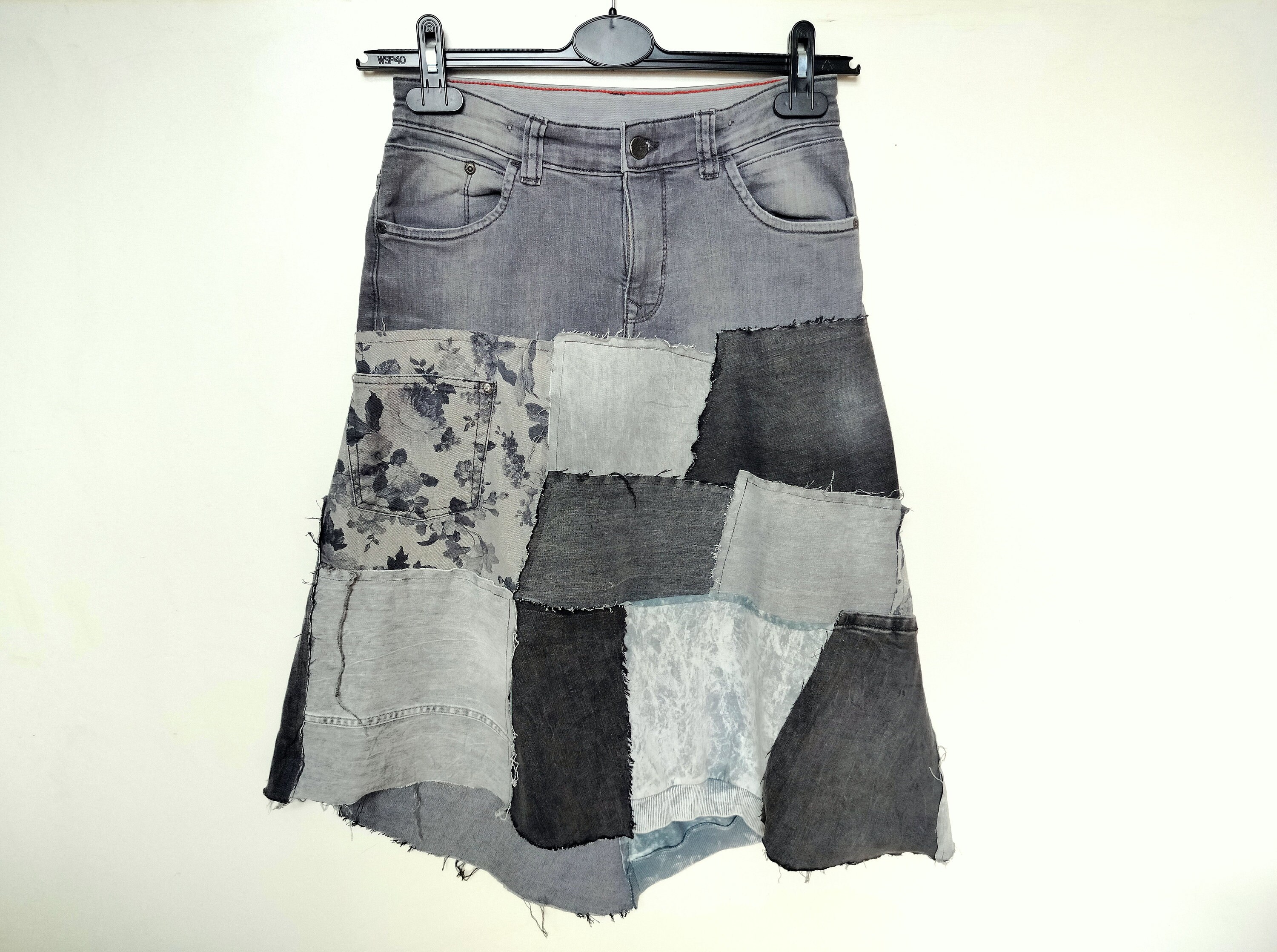 Patchwork Denim Skirt Upcycled Denim Skirt Gray Denim Skirt - Etsy