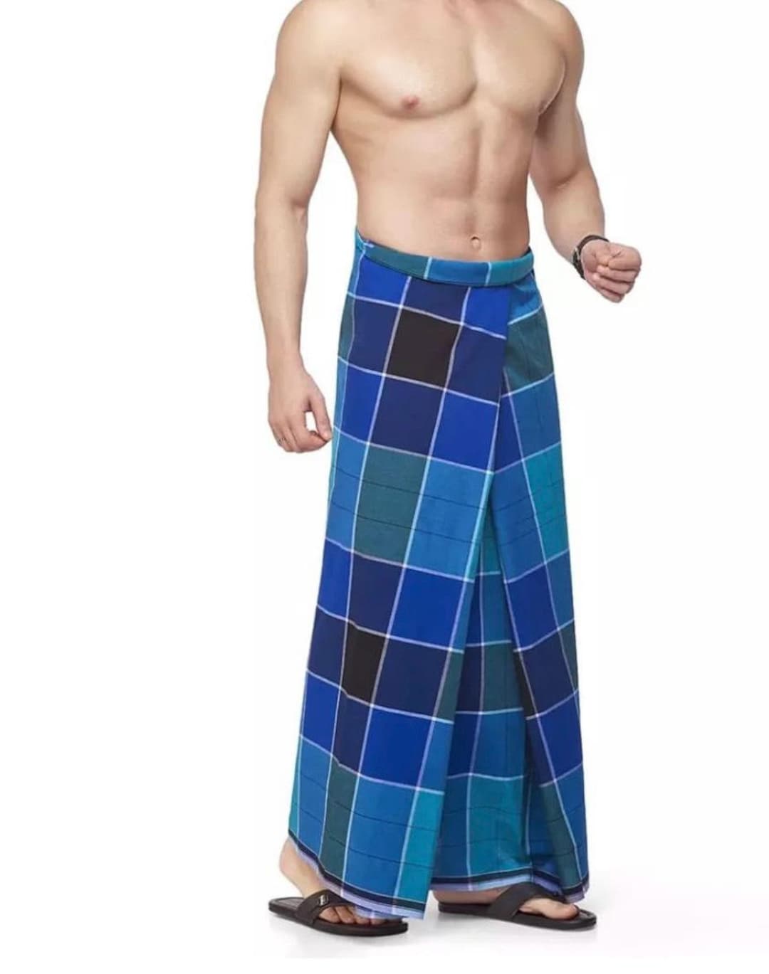 Men’s Blue Check Lungi Dhoti Handmade White Mundu Sarong Beachwear ...