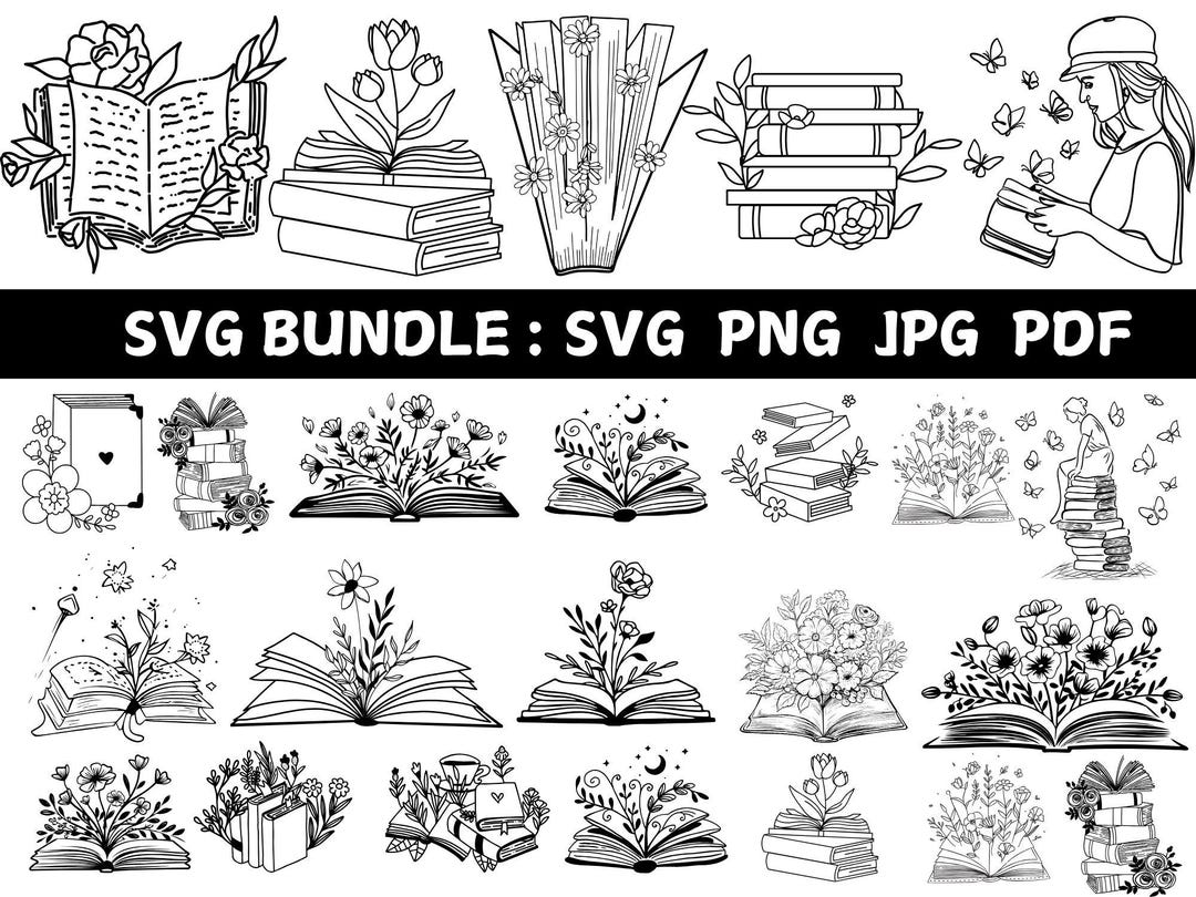 Floral Book SVG, Book Svg Bundle, Books With Flowers Svg, Reading Book ...
