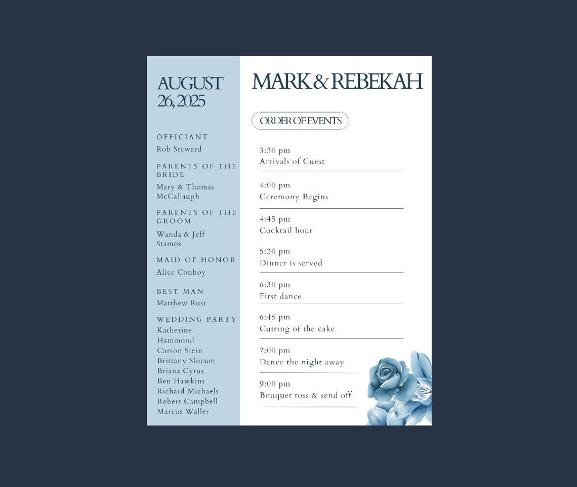 Editable Wedding Timeline/program Template, Printable Wedding Program ...