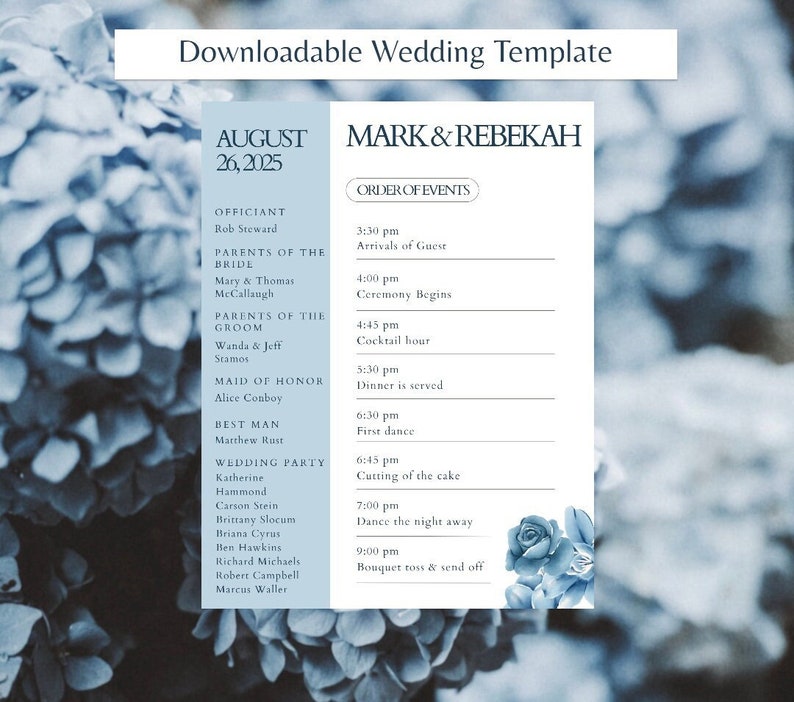 Editable Wedding Timeline/program Template, Printable Wedding Program ...