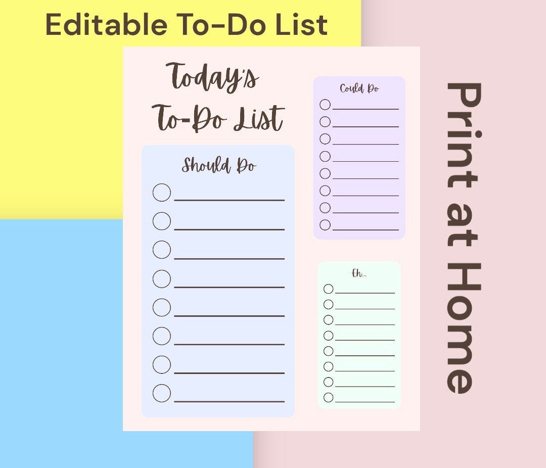 Editable To-do List, Print at Home to Do List, PDF List, Customizable ...