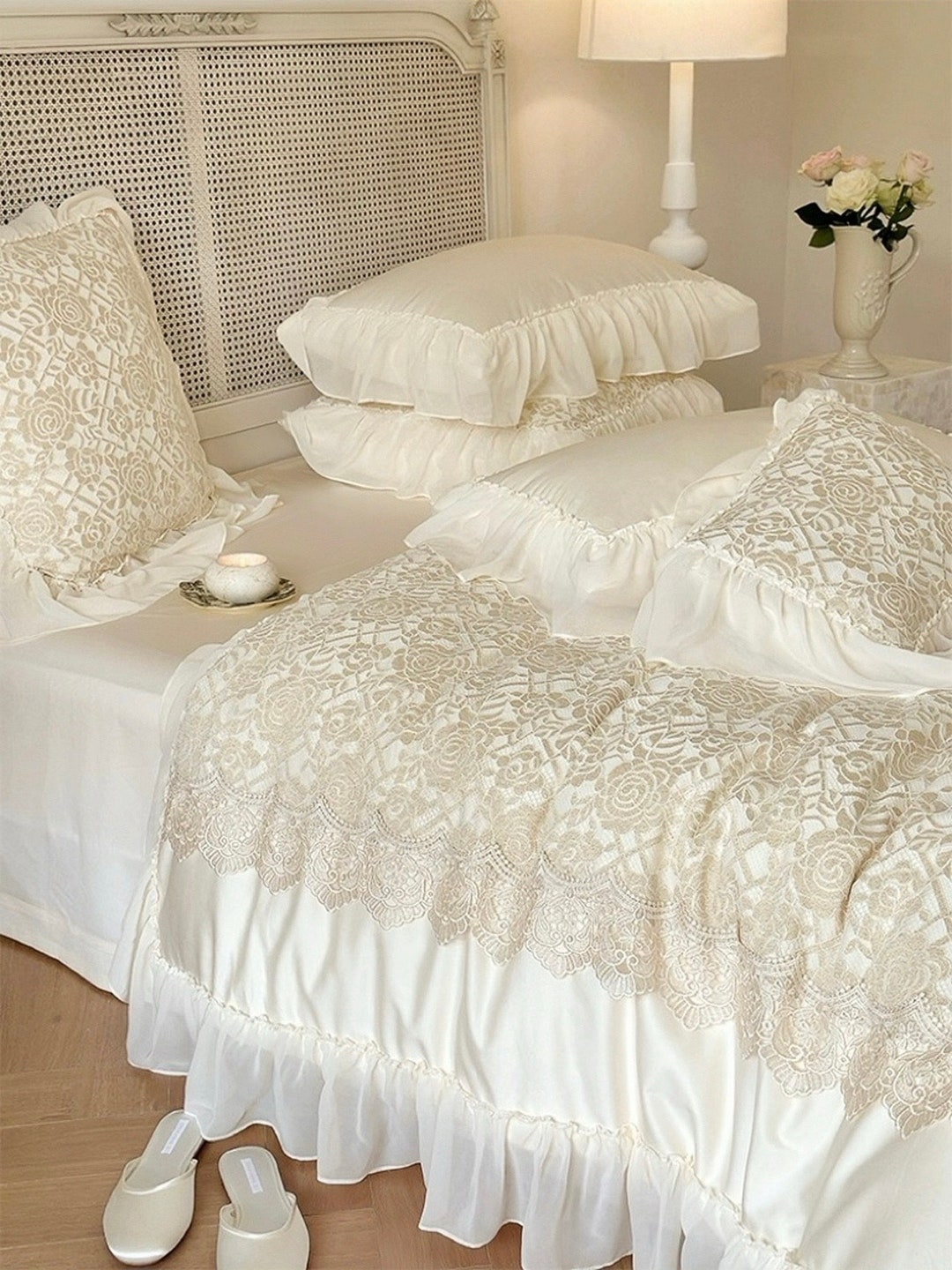 Lace Ruffle Cotton Bedding Set 4pcs, Ivory Long Staple Cotton Lace Full ...