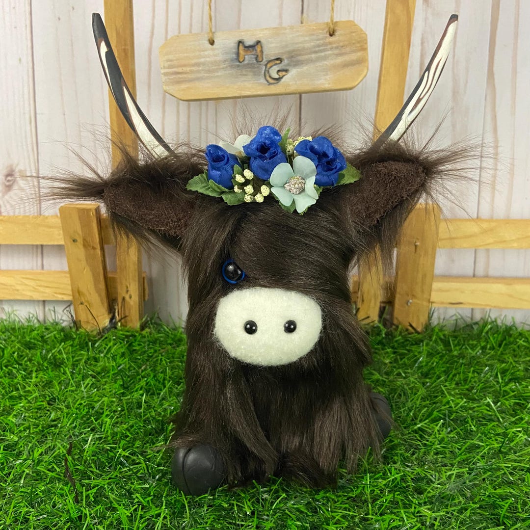 Handmade Faux Fur Highland Cow Decor: Blue Rose Crown, Polymer Clay ...