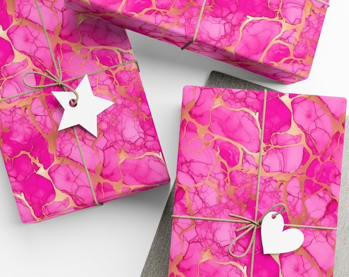 Hot Pink Wrapping Paper, Hot Pink & Gold Gift Wrap, Alcohol Ink Art ...