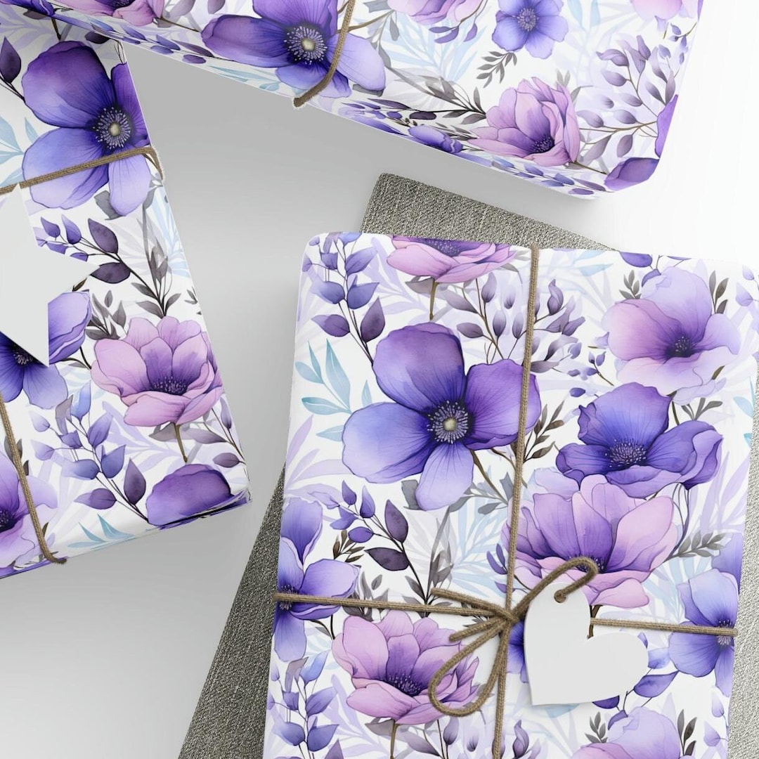 Purple Flowers Wrapping Paper, Watercolor Floral Gift Wrap, Premium ...