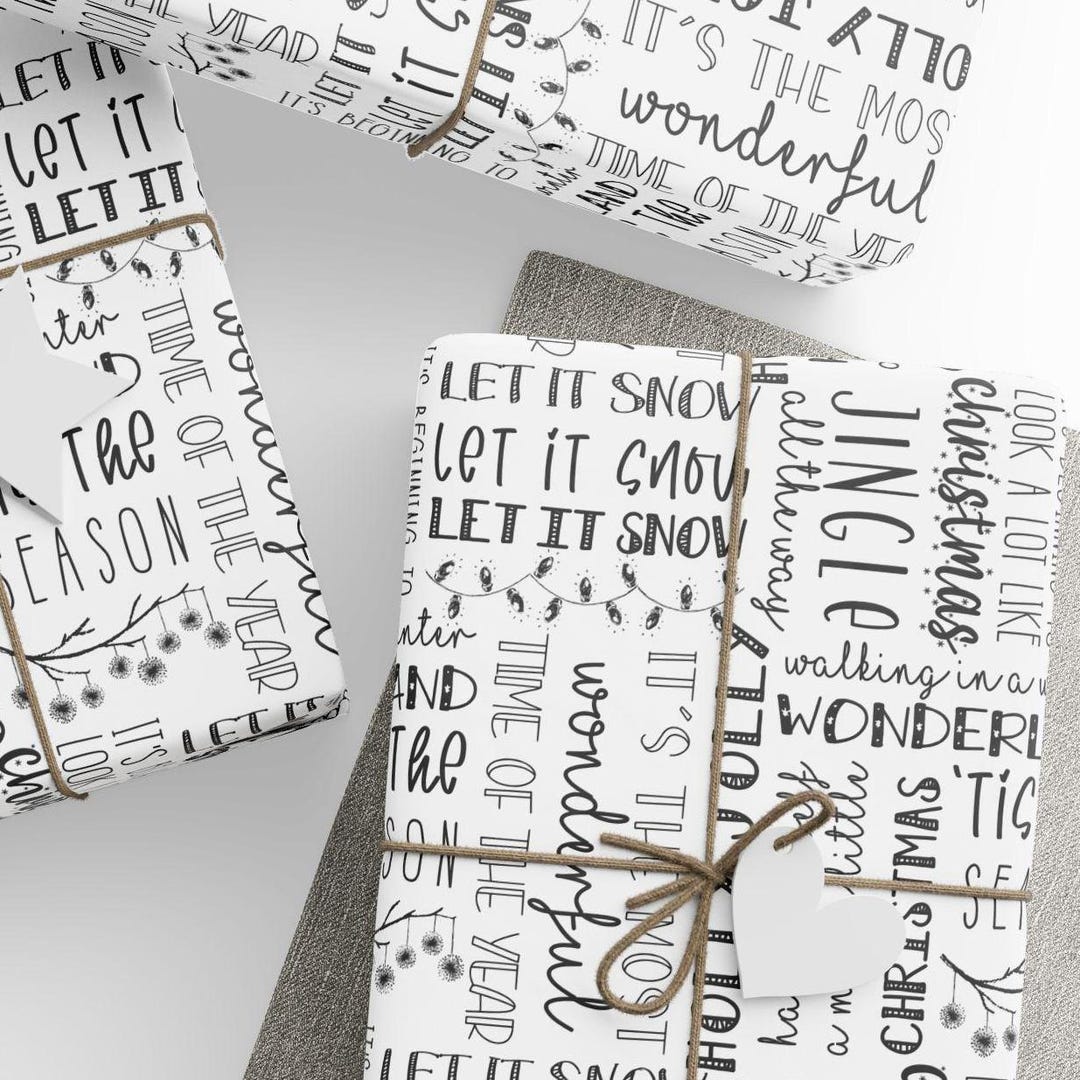 Christmas Songs Gift Wrap, Holiday Lyrics Wrapping Paper, Black & White ...