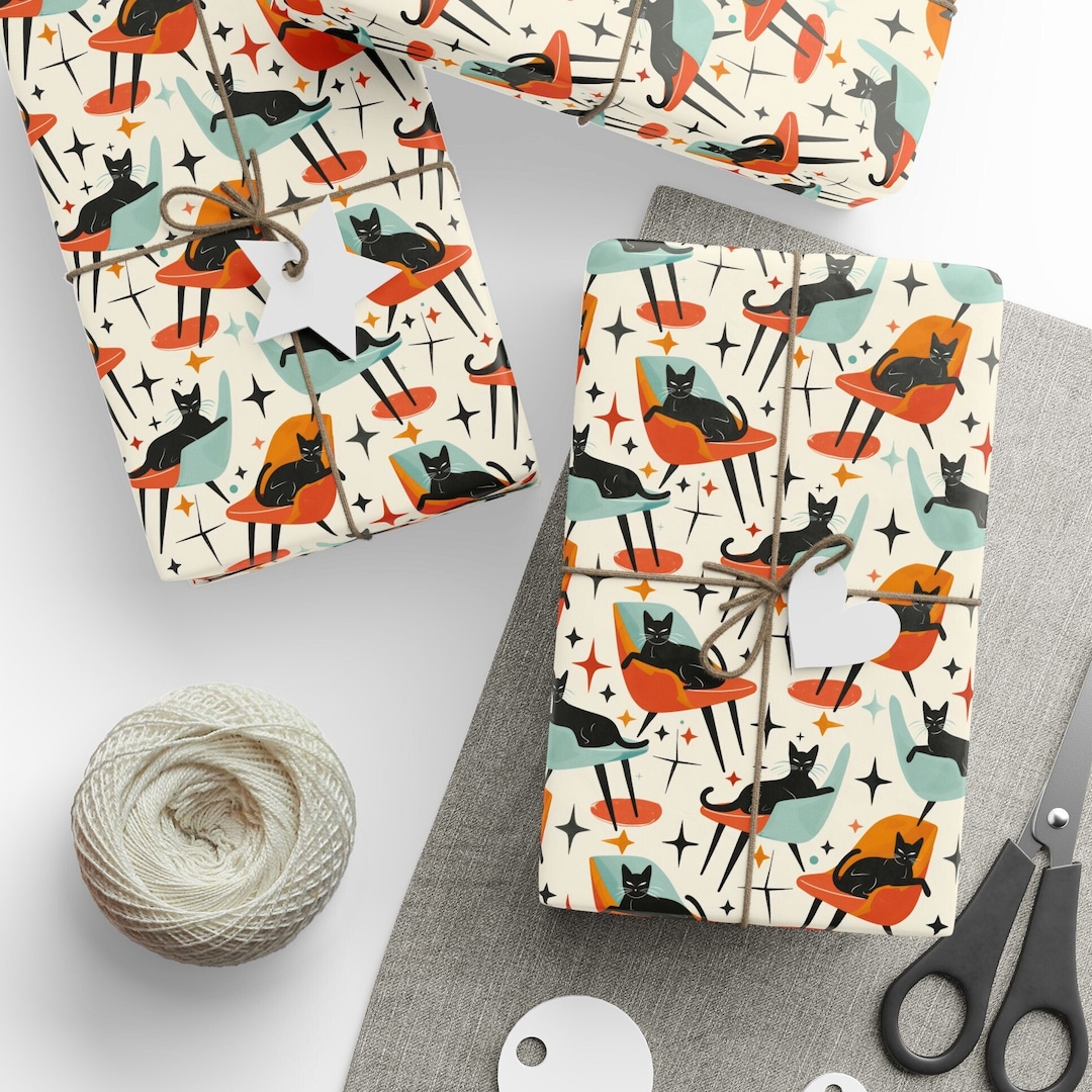 Retro Cats Gift Wrap, Cat Lover Wrapping Paper, Retro Aesthetic, Black ...