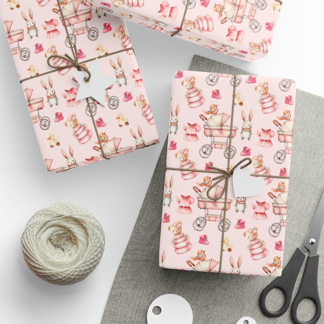 Pink Baby Girl Wrapping Paper, Baby Shower Gift Wrap, First Birthday ...