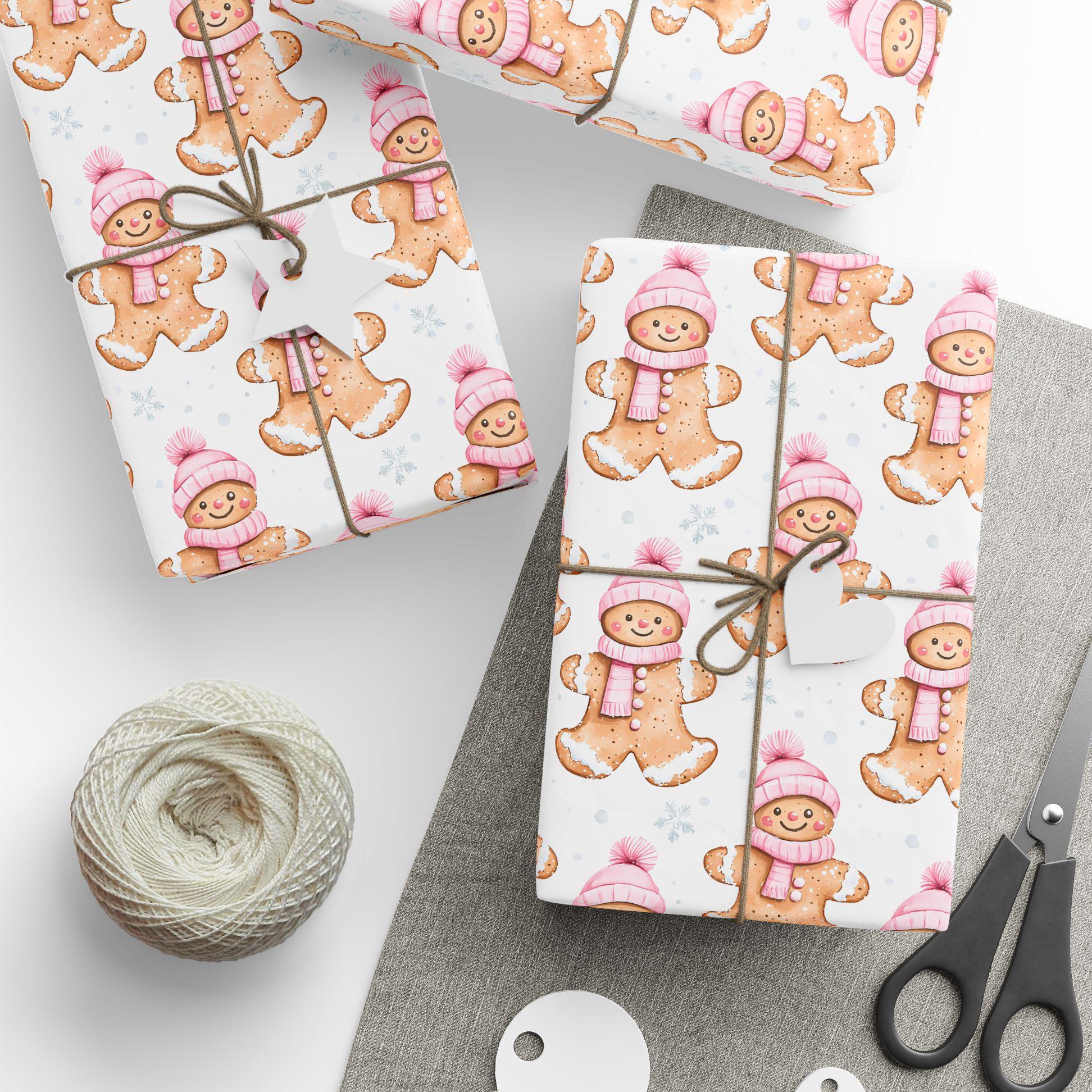 Pink Gingerbread Man Gift Wrap, Pink Christmas Wrapping Paper, Holiday ...