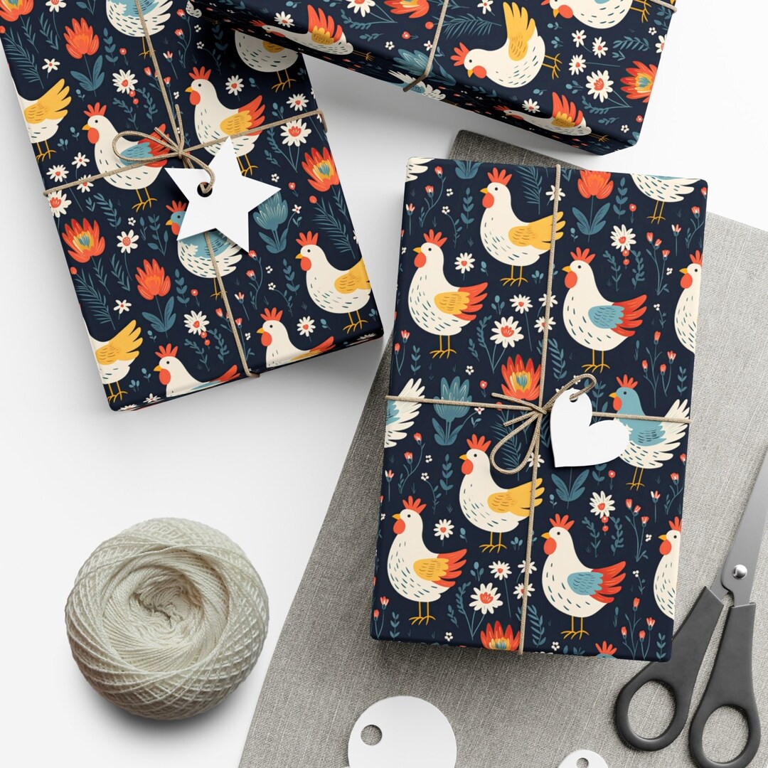 Cute Chickens Wrapping Paper, Chickens & Flowers Gift Wrap, Hens Gift ...